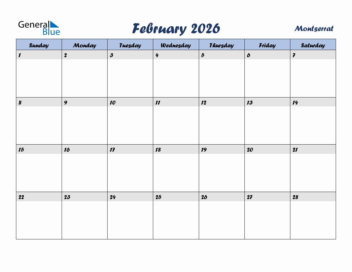 February 2026 Monthly Calendar Template with Holidays for Montserrat