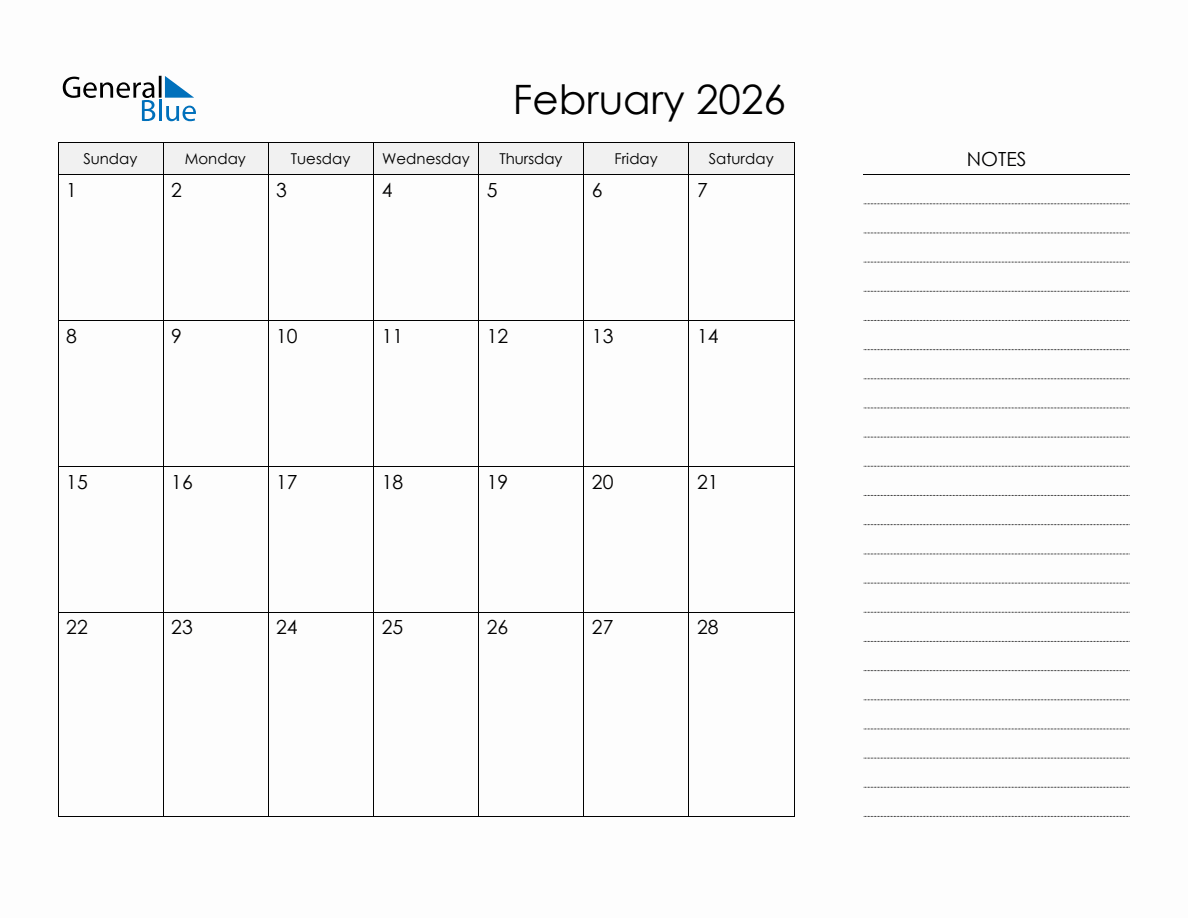 Printable Monthly Calendar with Notes - February 2026