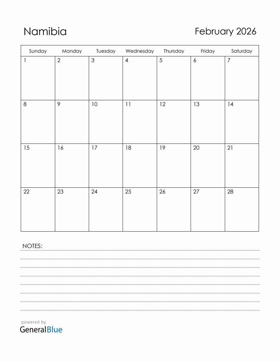 February 2026 Namibia Calendar with Holidays