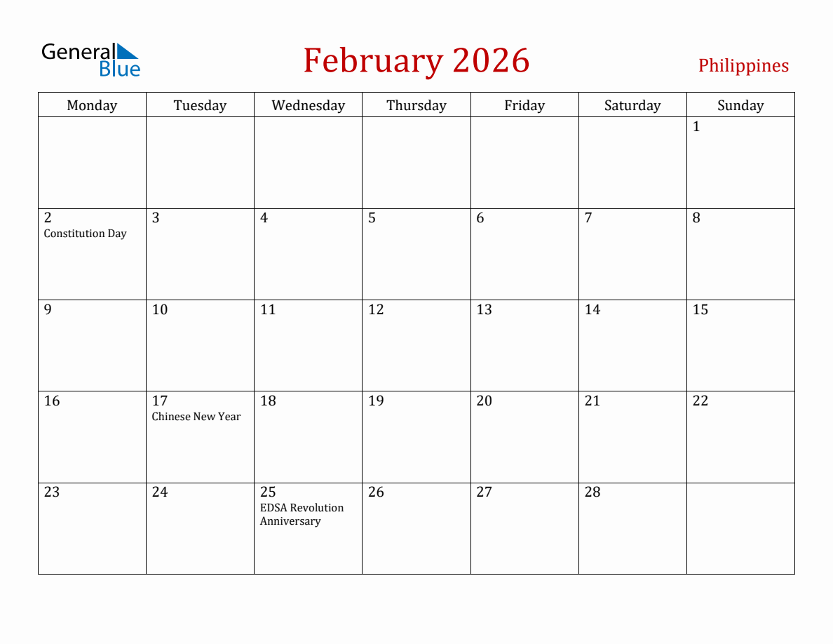 February 2026 Philippines Monthly Calendar with Holidays (Monday Start)
