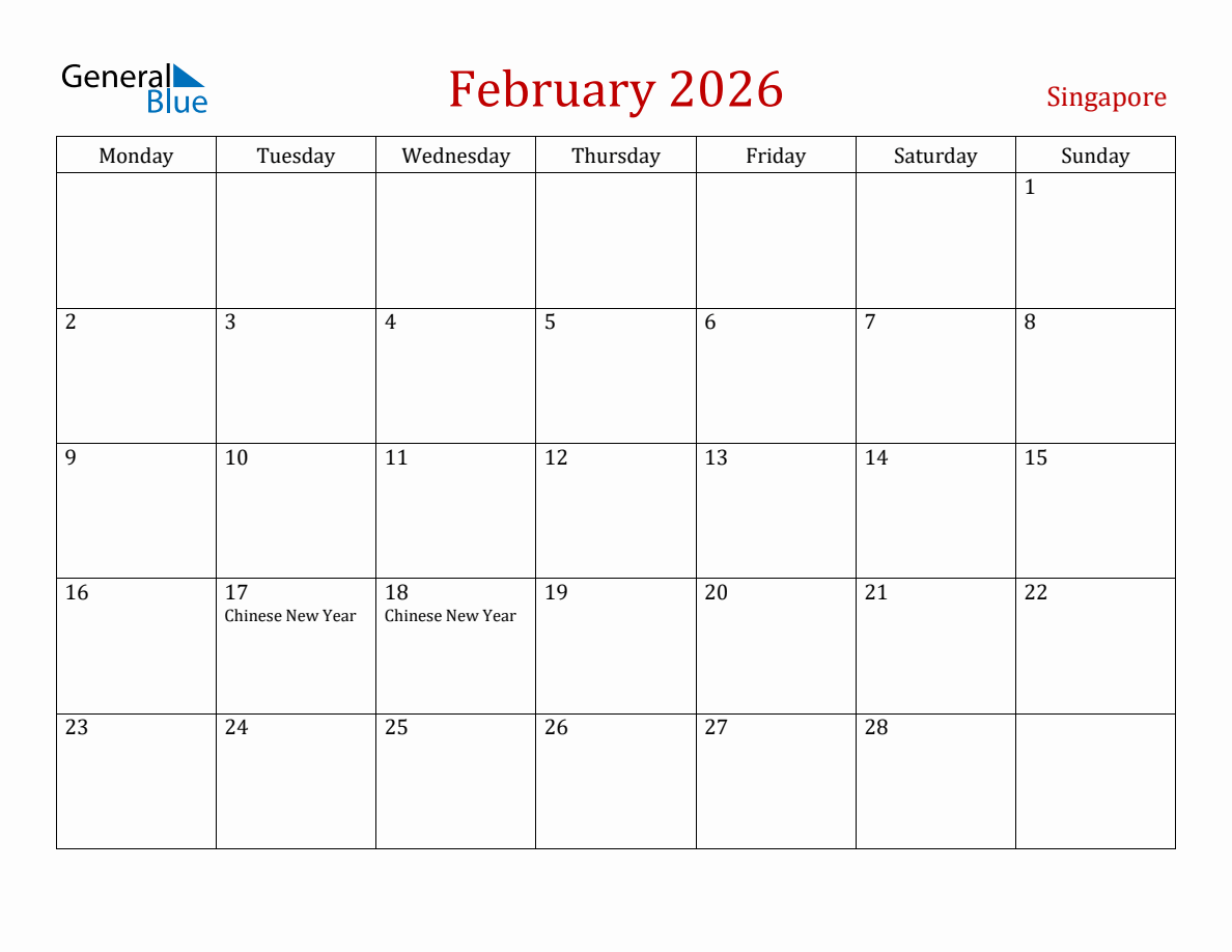 February 2026 Singapore Monthly Calendar with Holidays (Monday Start)