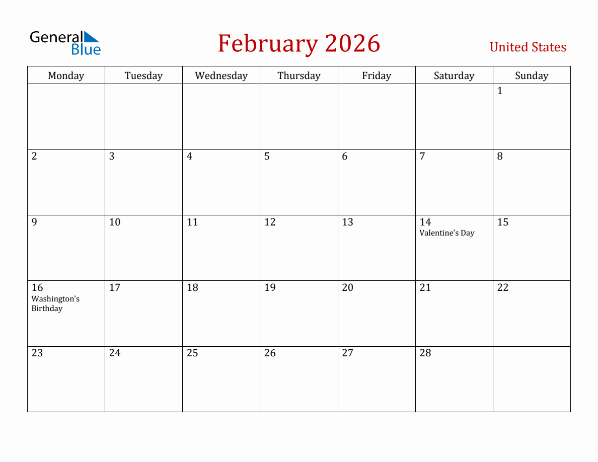 February 2026 United States Monthly Calendar with Holidays (Monday Start)