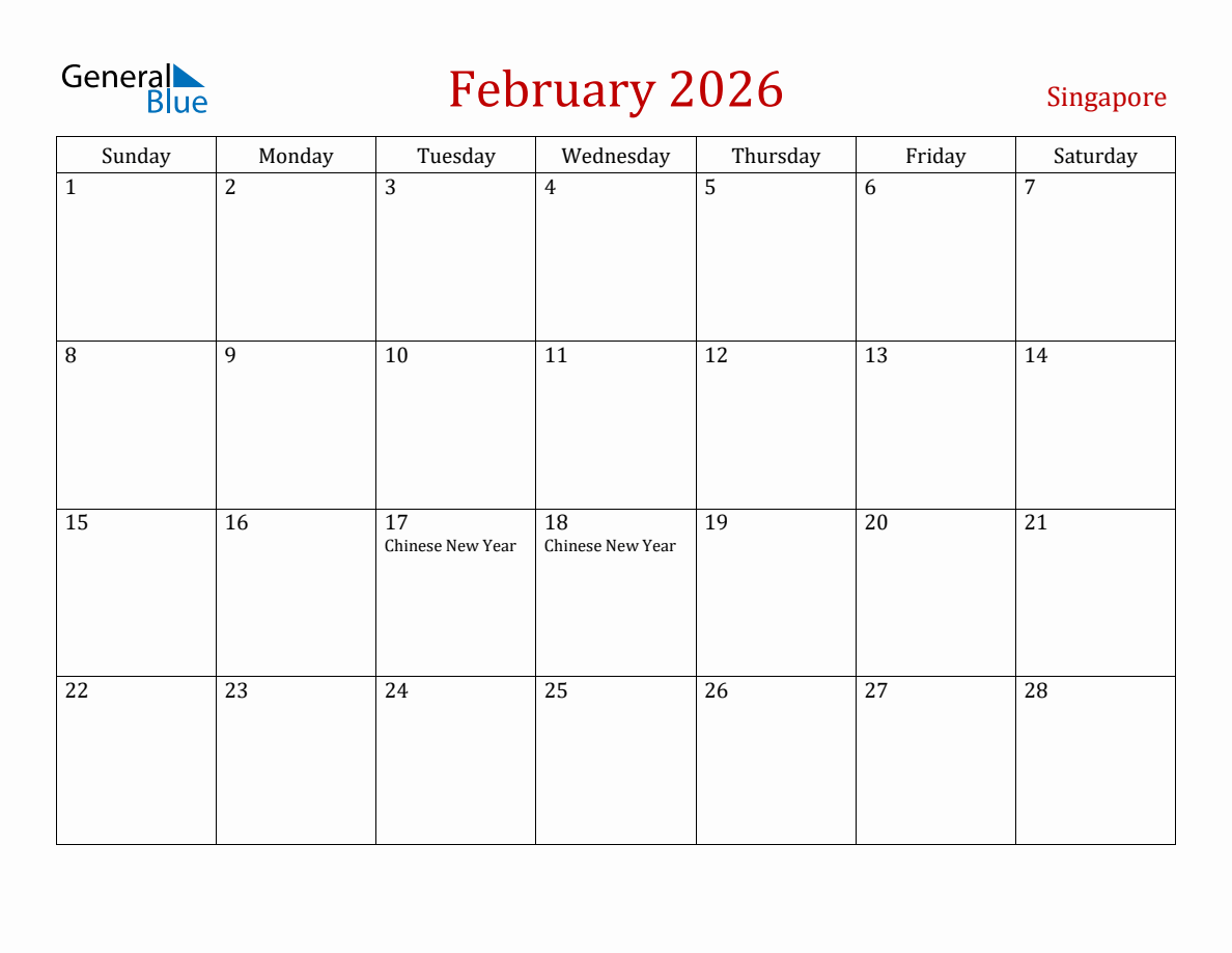 February 2026 Singapore Monthly Calendar with Holidays