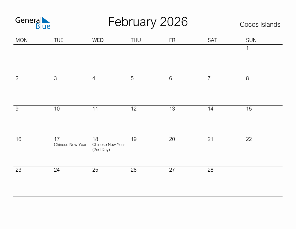 Printable February 2026 Monthly Calendar with Holidays for Cocos ...
