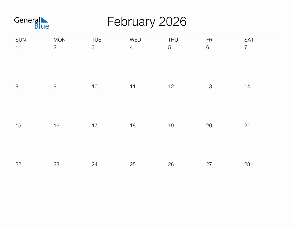Printable February 2026 Monthly Calendar