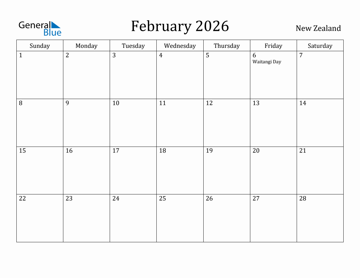 February 2026 Monthly Calendar with New Zealand Holidays