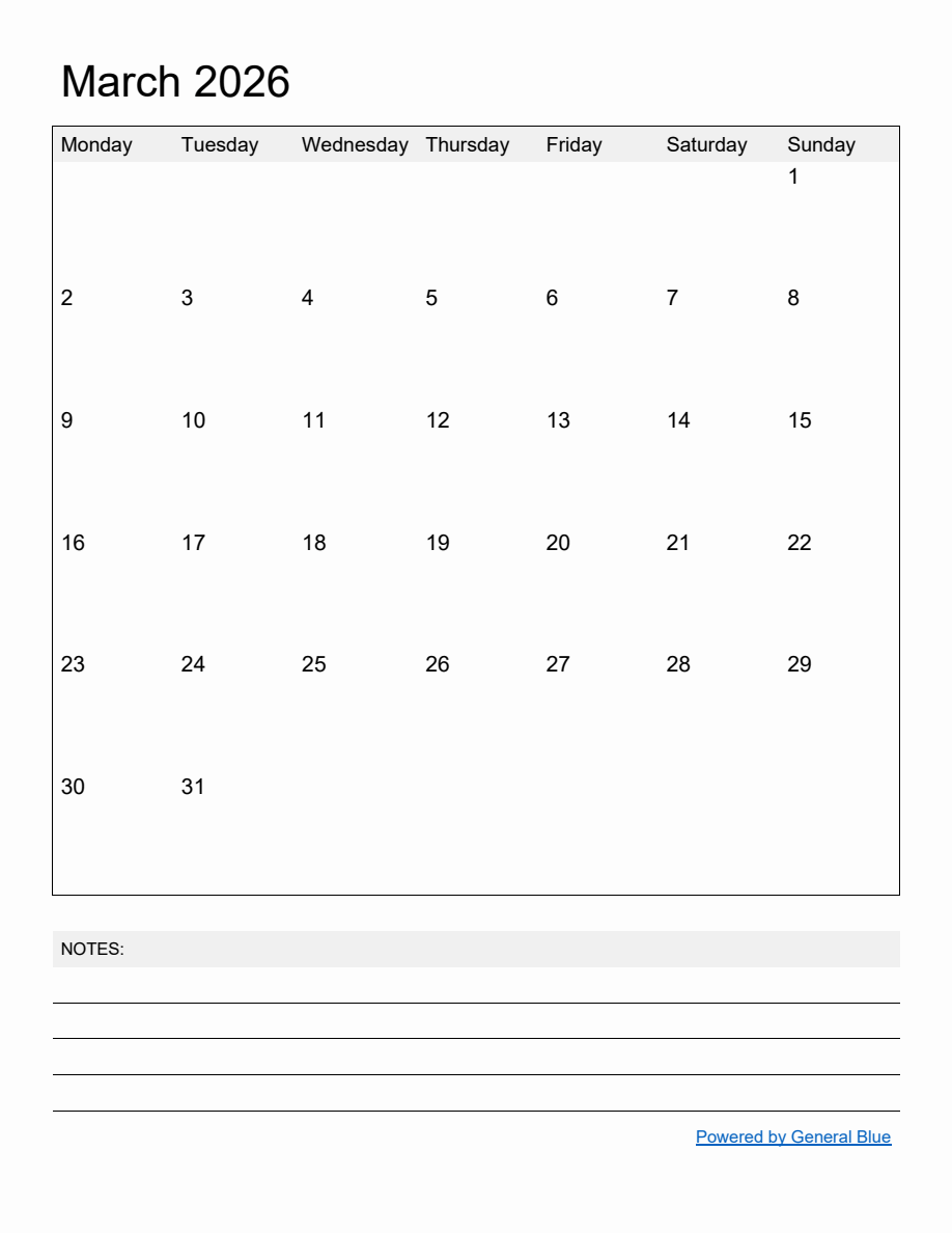 Free Printable Monthly Calendar for March 2026
