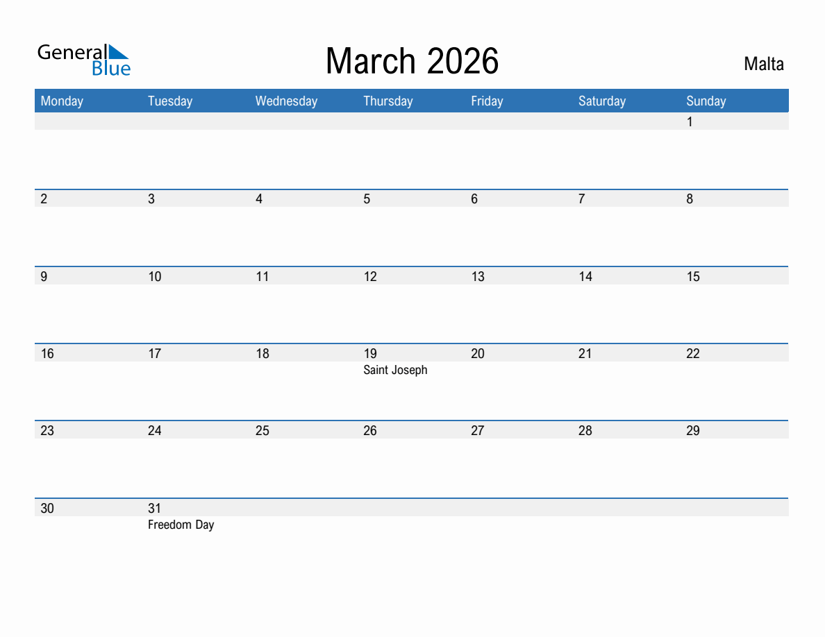 Editable March 2026 Calendar with Malta Holidays (Monday Start)