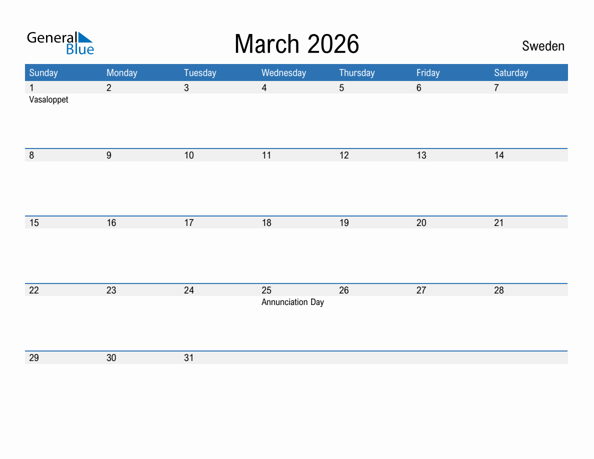 March 2026 Monthly Calendars with Sweden Holidays