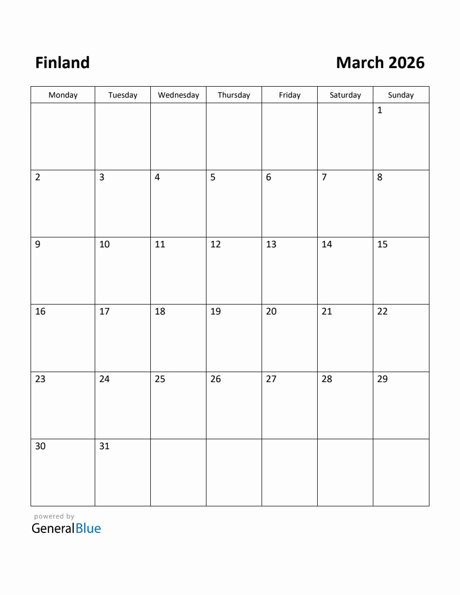 Free Printable March 2026 Calendar for Finland (Monday Start)