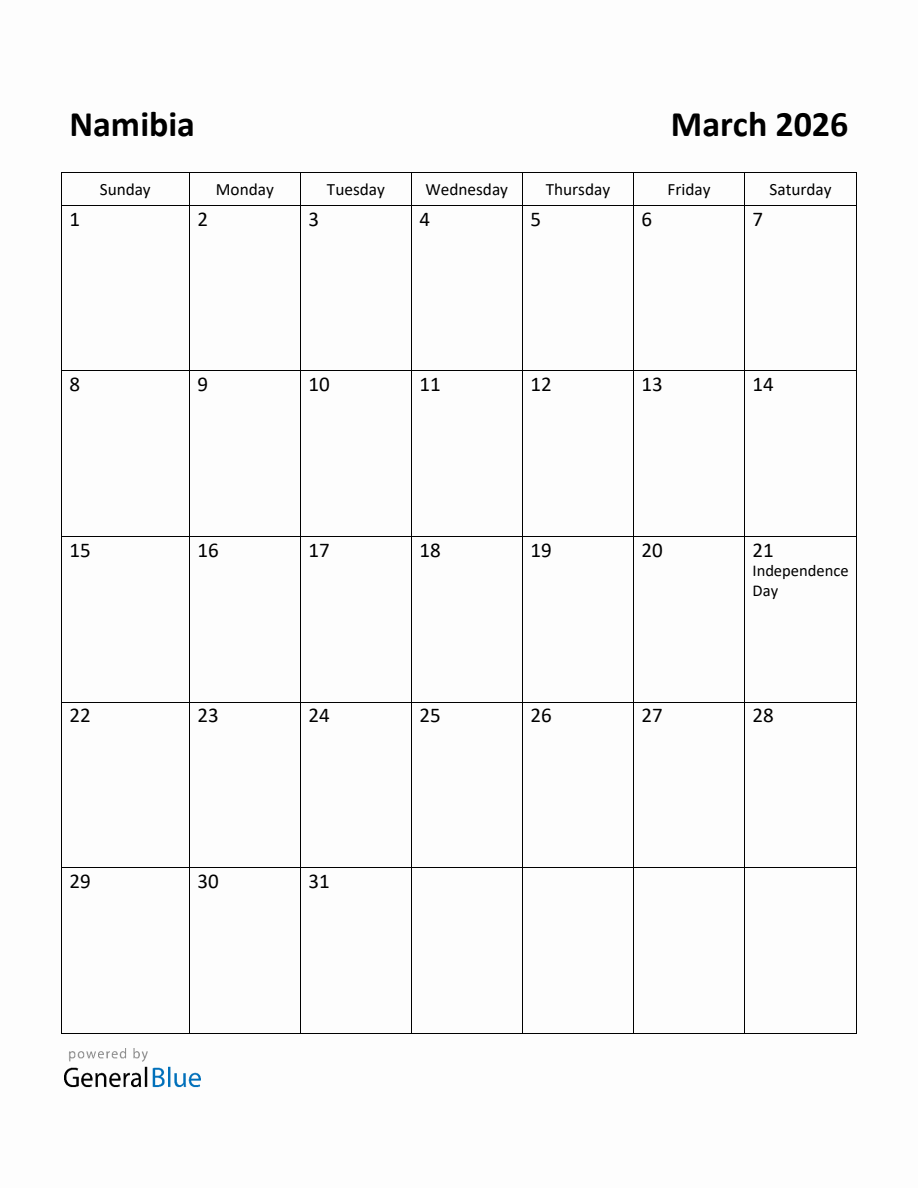 Free Printable March 2026 Calendar for Namibia