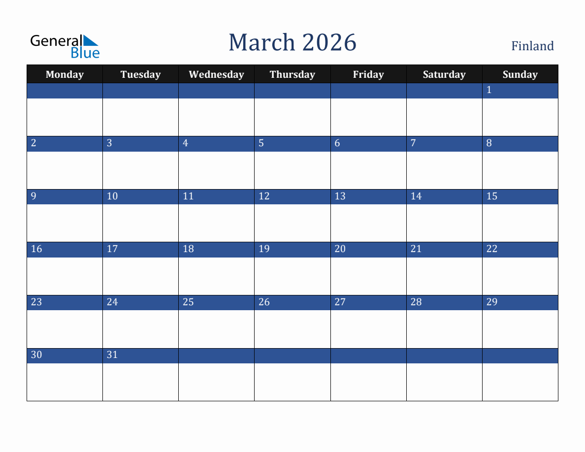 March 2026 Finland Holiday Calendar (Monday Start)