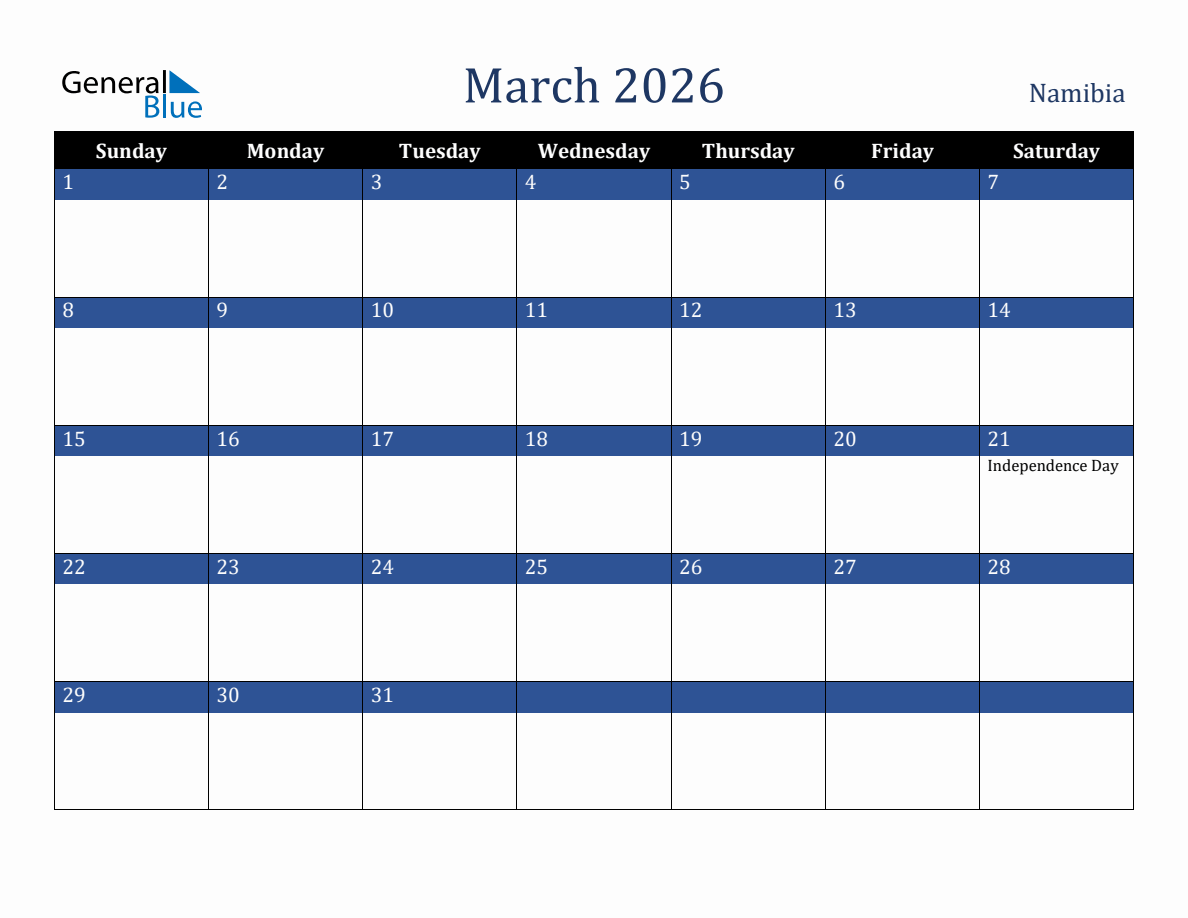 March 2026 Namibia Holiday Calendar