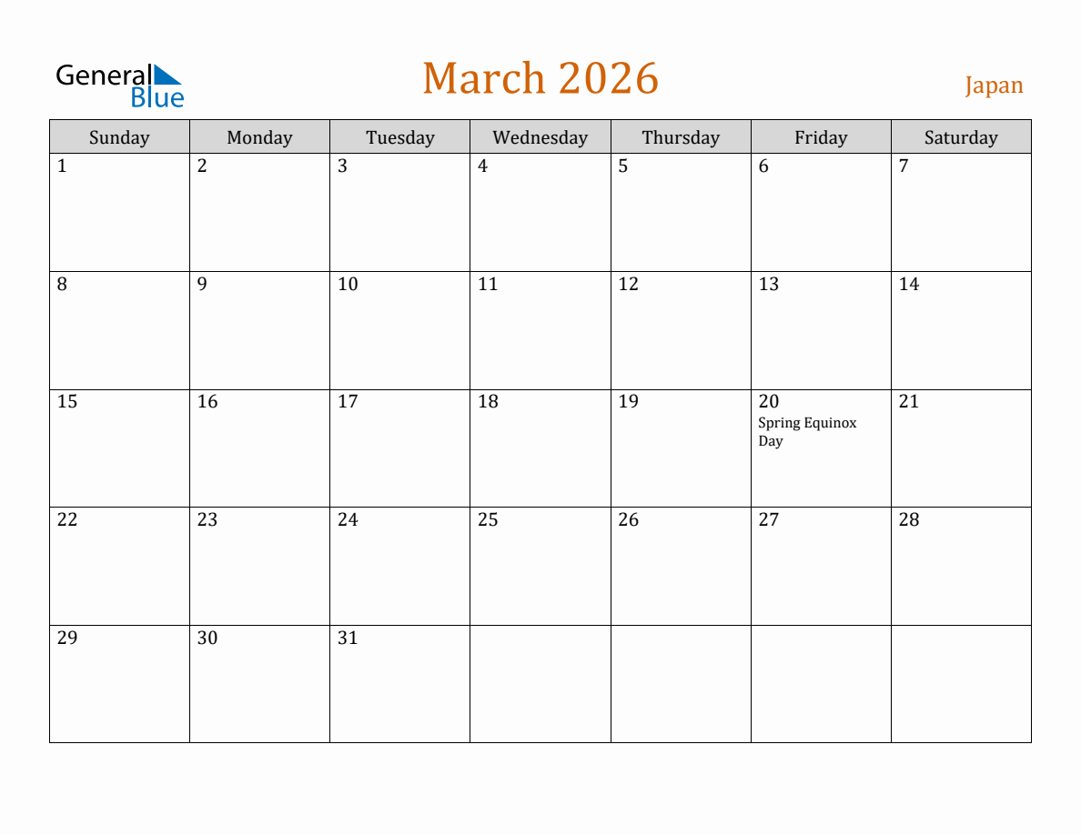 Free March 2026 Japan Calendar