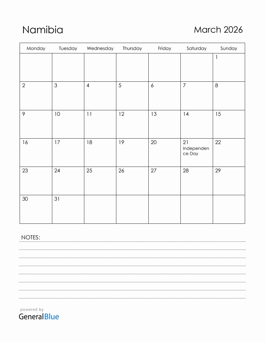 March 2026 Namibia Calendar with Holidays (Monday Start)
