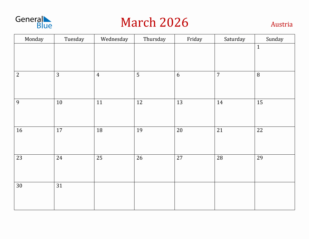 March 2026 Austria Monthly Calendar with Holidays (Monday Start)