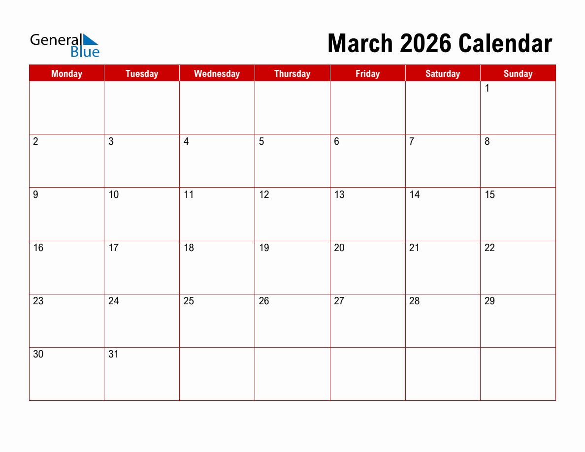 Basic Monthly Calendar - March 2026