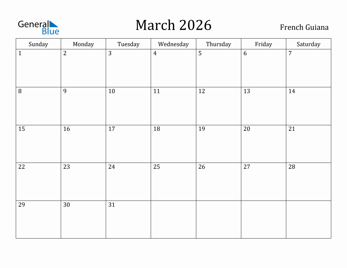 March 2026 Monthly Calendar with French Guiana Holidays