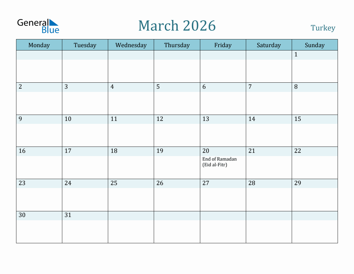 Turkey Holiday Calendar for March 2026 (Monday Start)