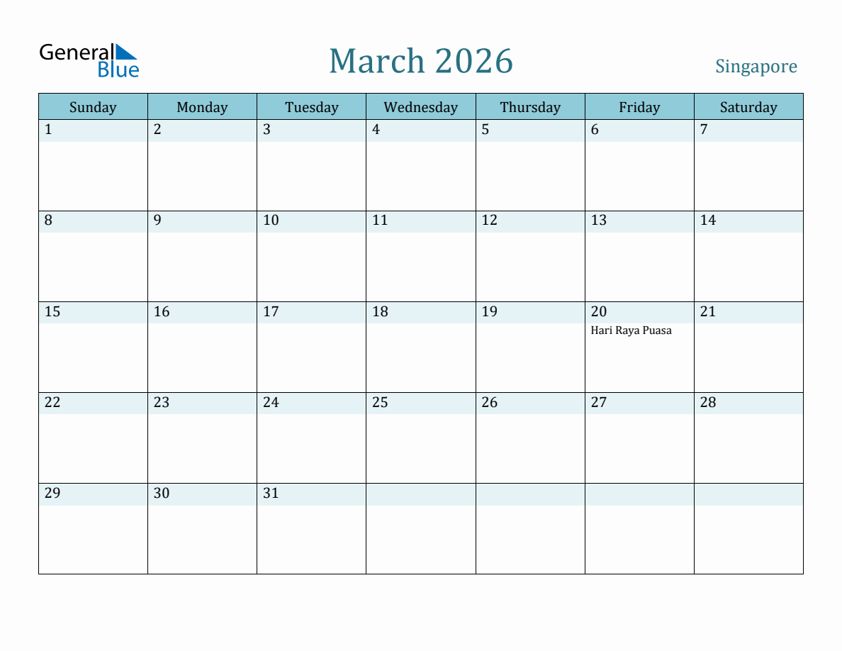 Singapore Holiday Calendar for March 2026