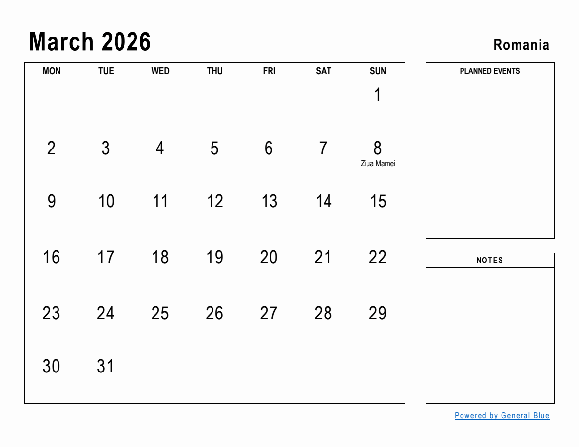 March 2026 Planner with Romania Holidays (Monday Start)