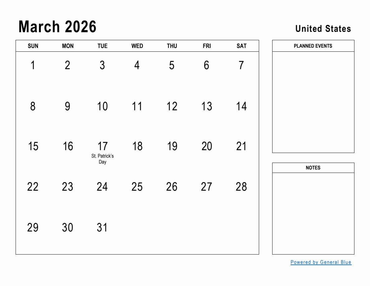 March 2026 Planner with United States Holidays