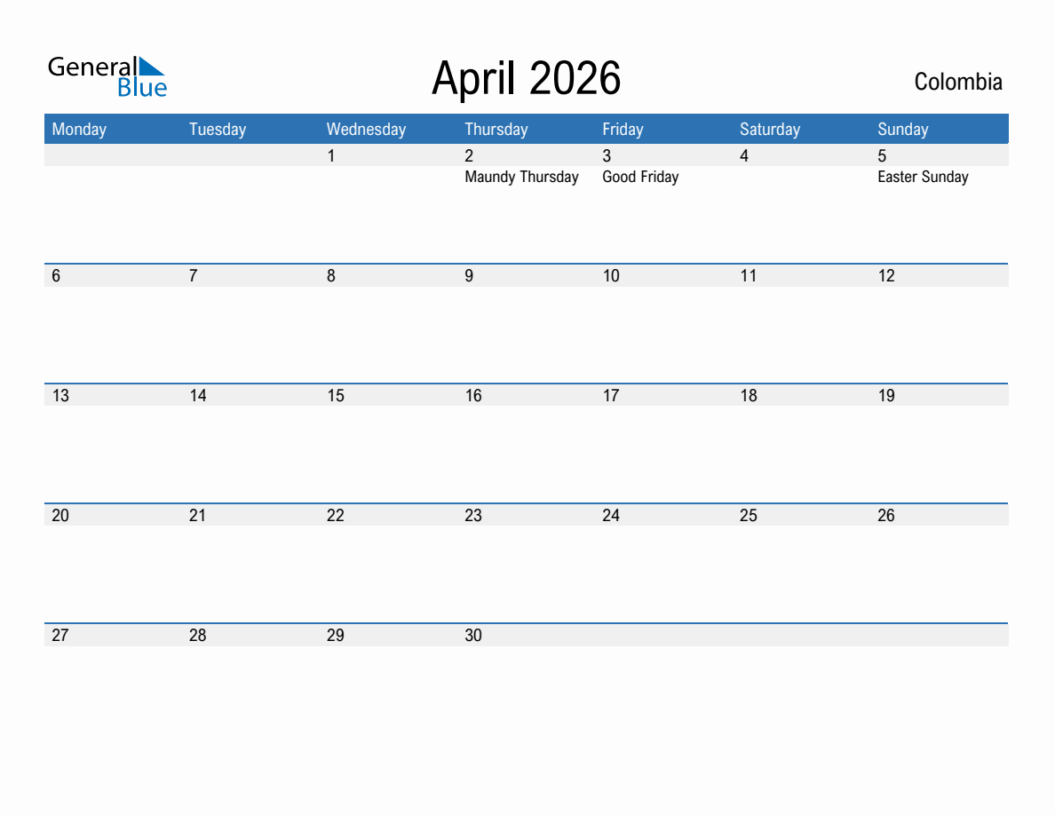 Editable April 2026 Calendar with Colombia Holidays (Monday Start)