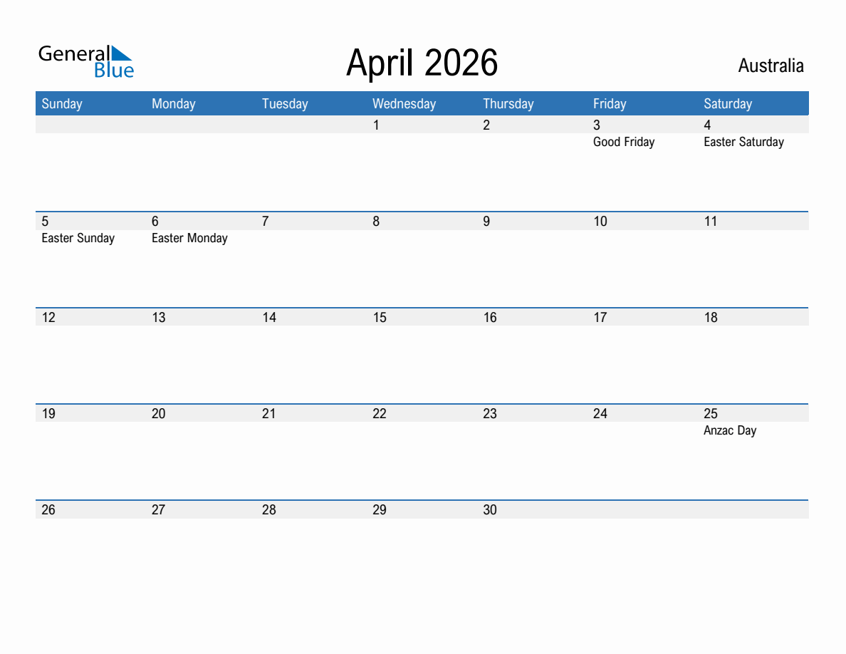 April 2026 Monthly Calendars with Australia Holidays