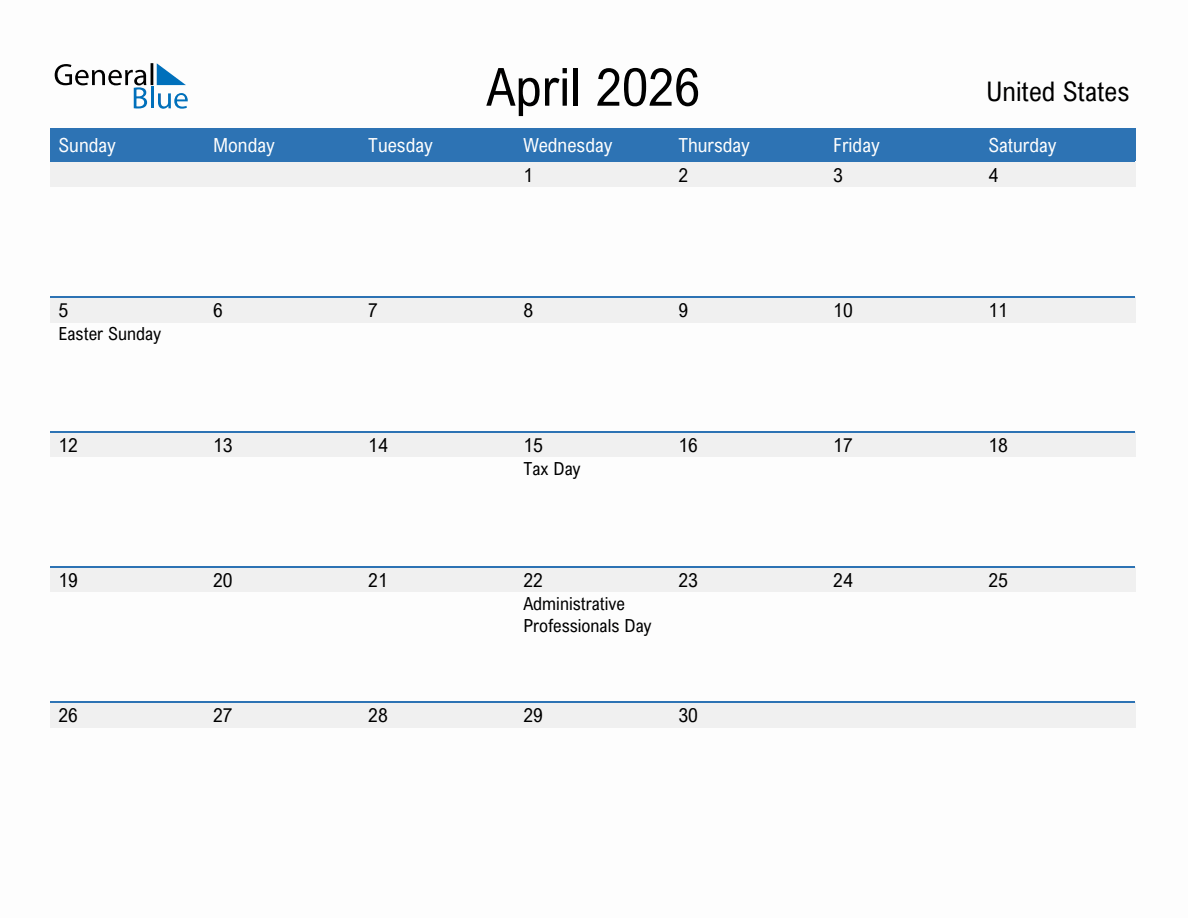 April 2026 Monthly Calendars with United States Holidays