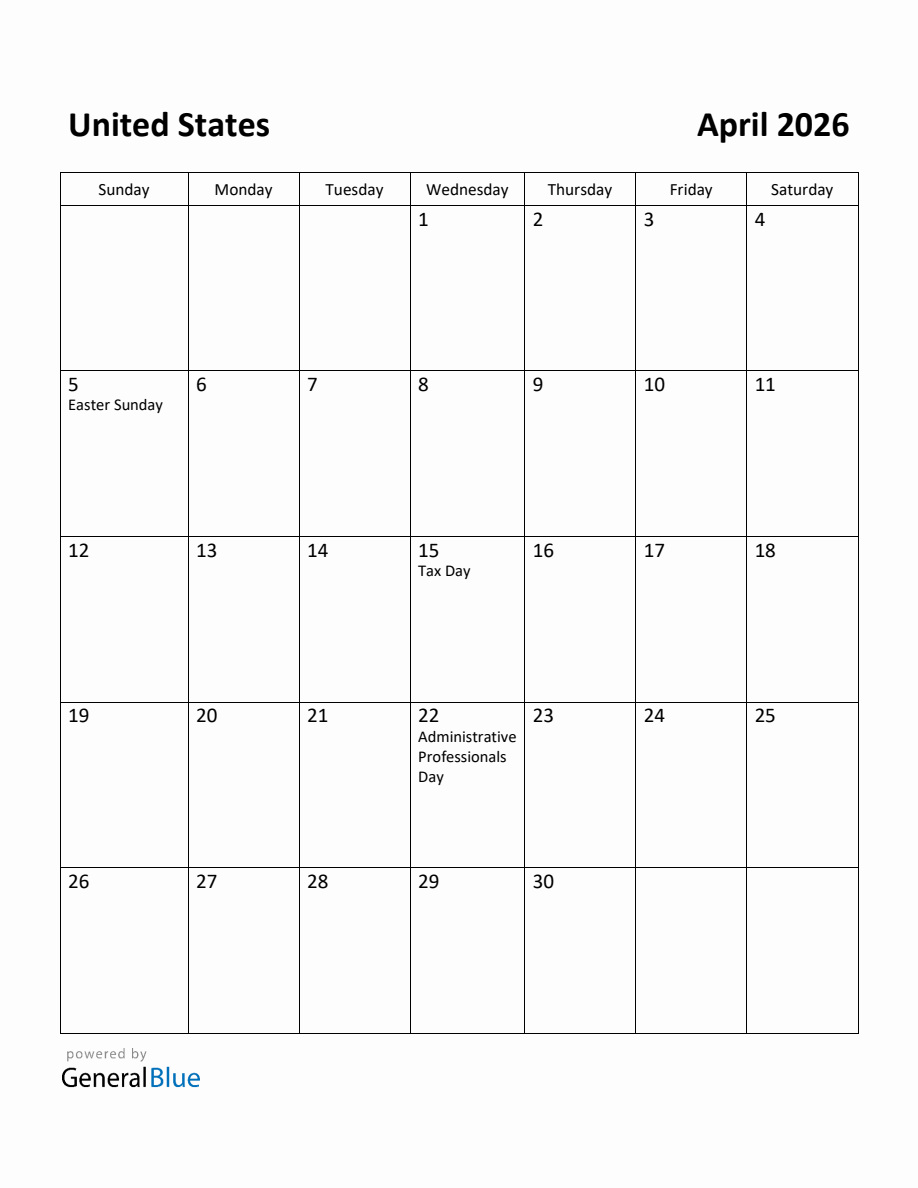 Free Printable April 2026 Calendar for United States