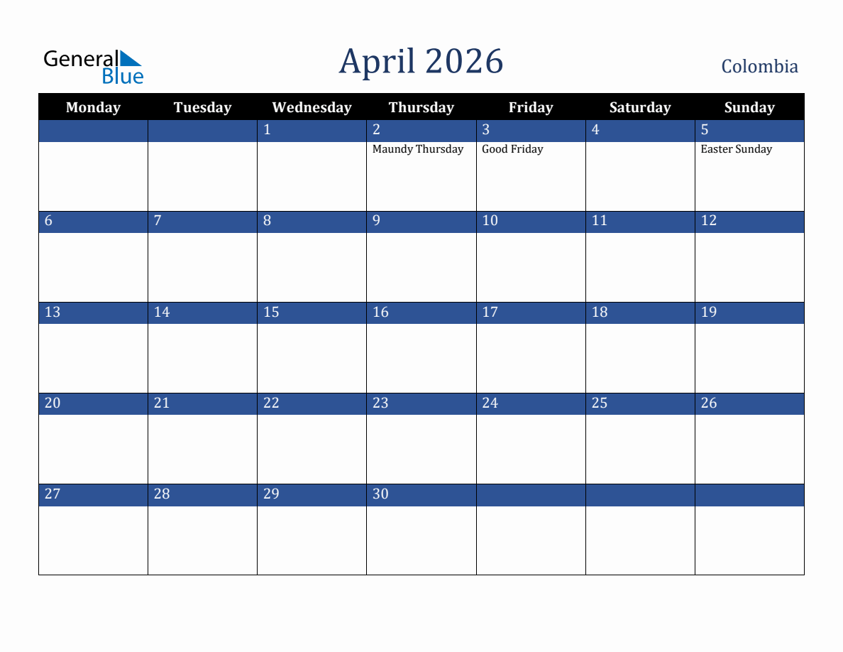 April 2026 Colombia Holiday Calendar (Monday Start)