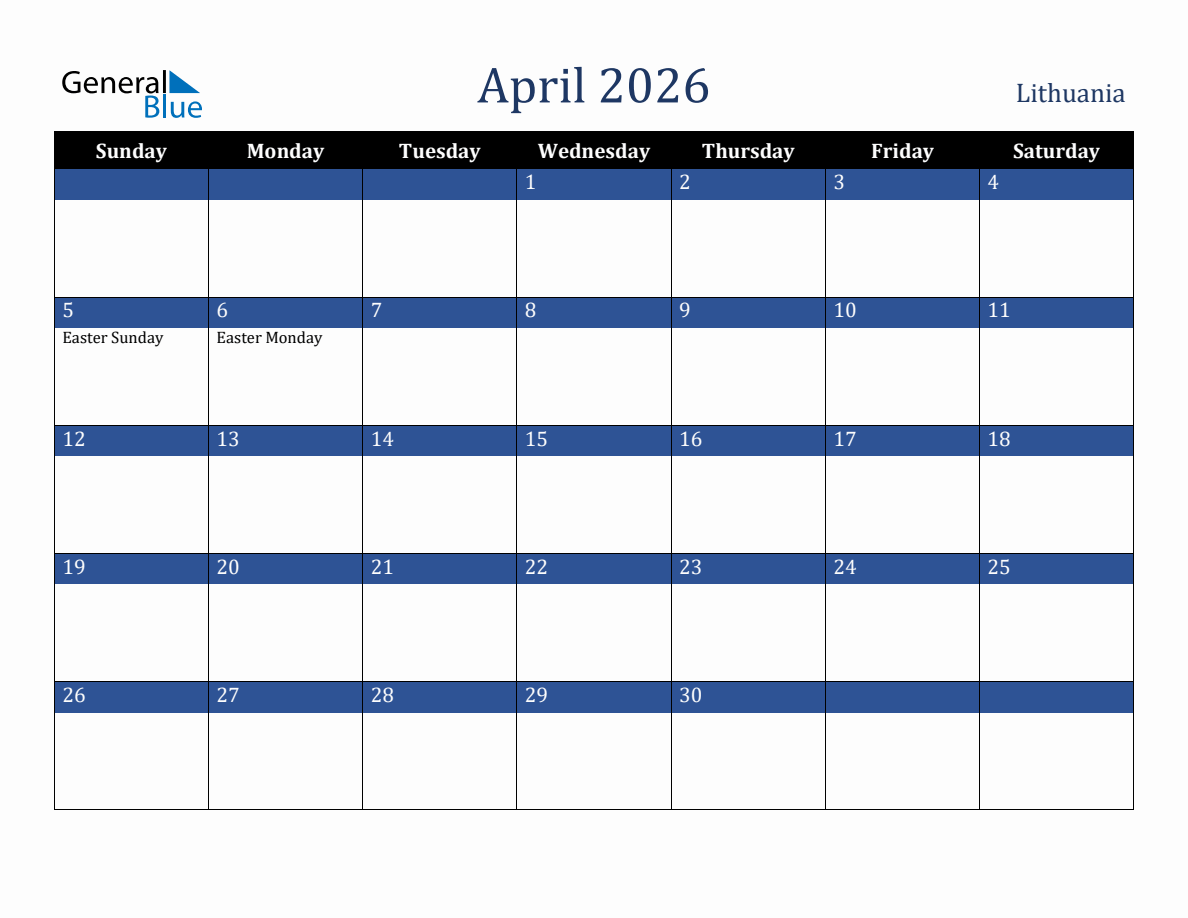 April 2026 Lithuania Holiday Calendar