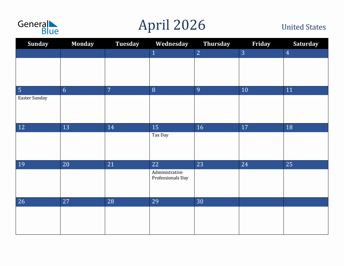 April 2026 United States Holiday Calendar