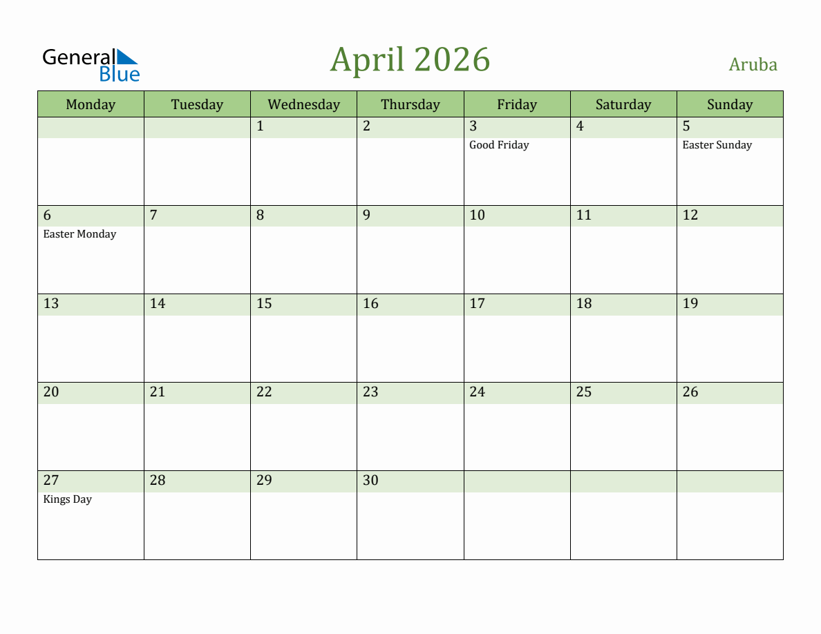 Fillable Holiday Calendar for Aruba - April 2026 (Monday Start)