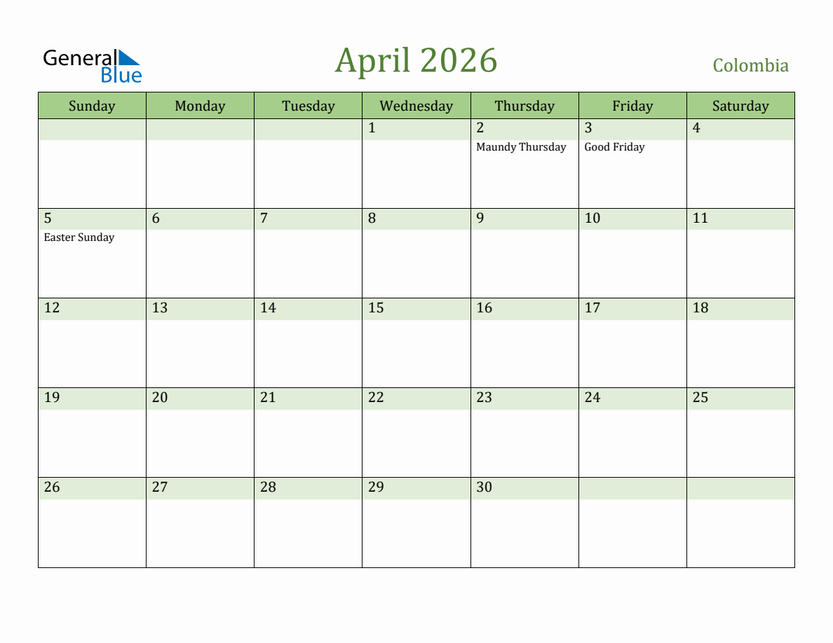Fillable Holiday Calendar for Colombia - April 2026