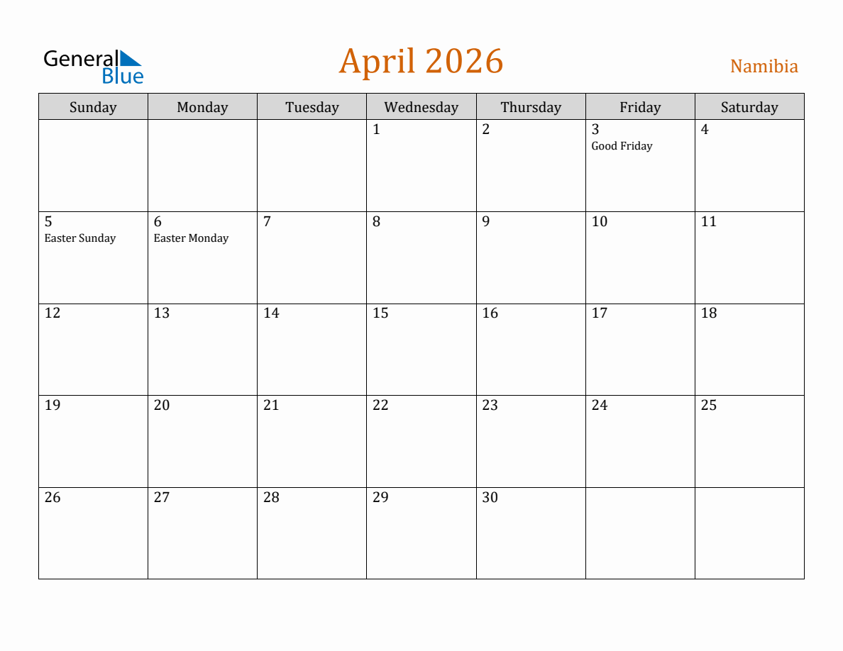Free April 2026 Namibia Calendar