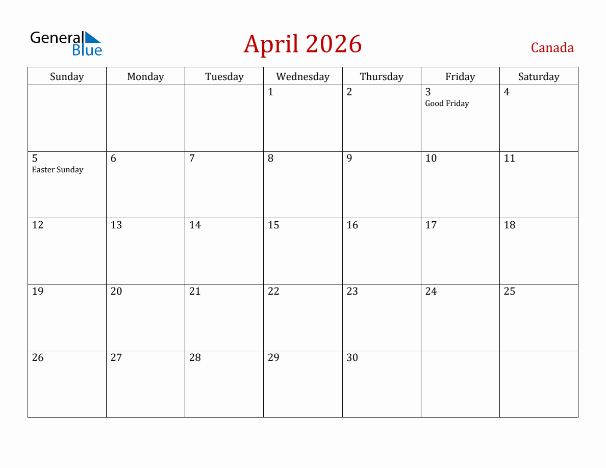 April 2026 Canada Monthly Calendar with Holidays