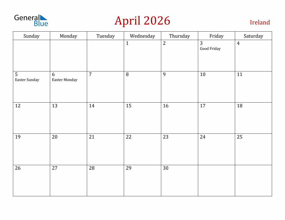 April 2026 Ireland Monthly Calendar with Holidays