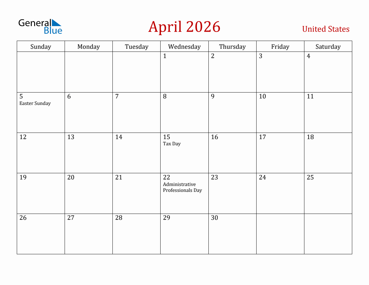 April 2026 United States Monthly Calendar with Holidays