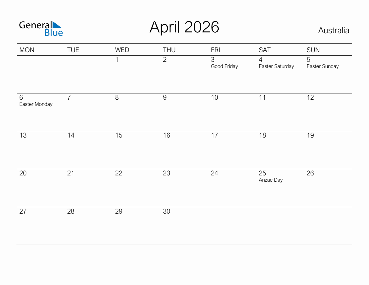 Printable April 2026 Monthly Calendar with Holidays for Australia ...