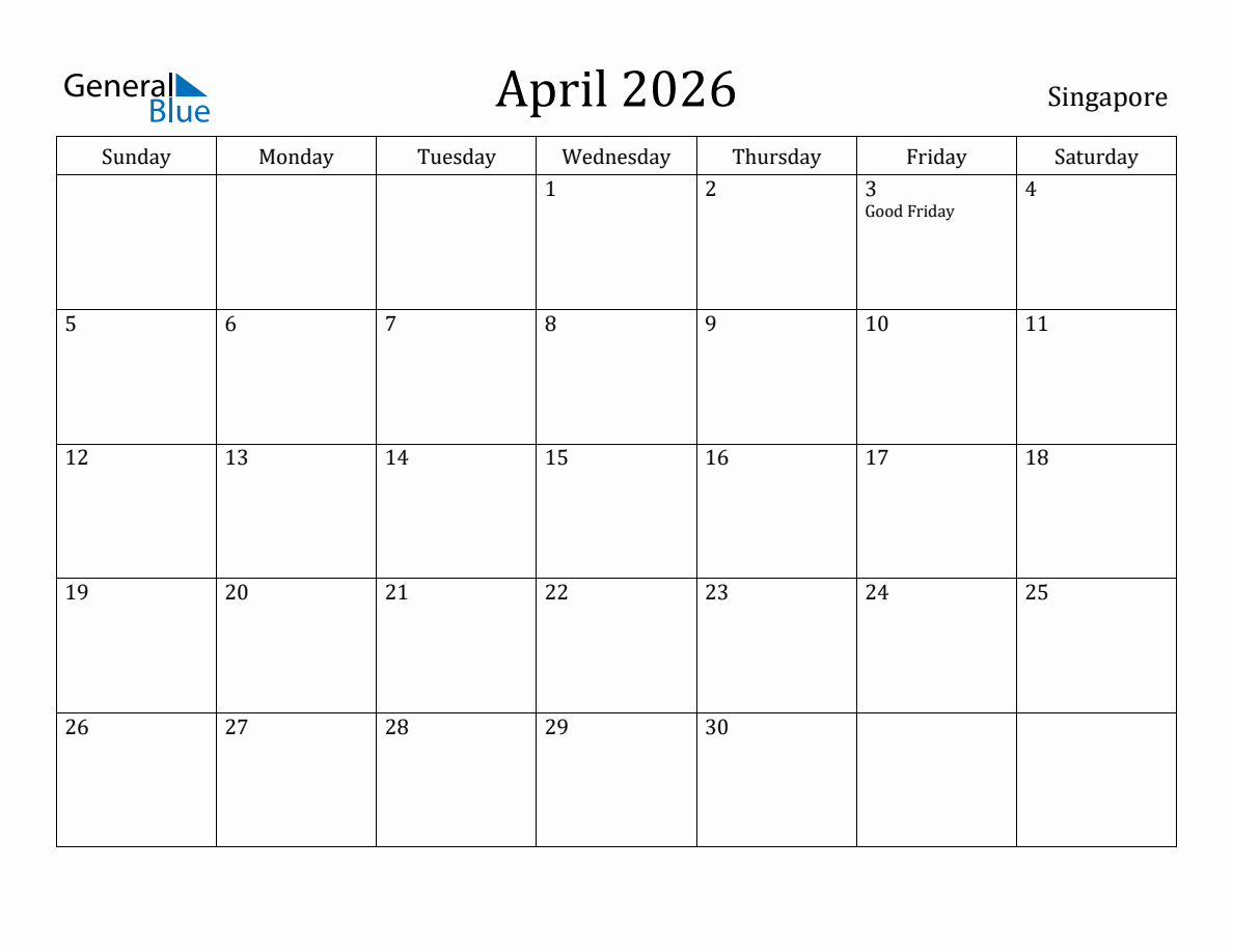 April 2026 Monthly Calendar with Singapore Holidays