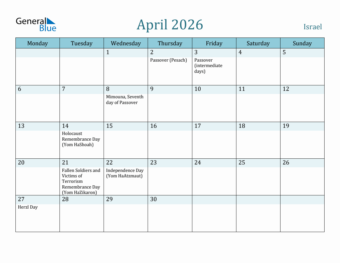 Israel Holiday Calendar for April 2026 (Monday Start)