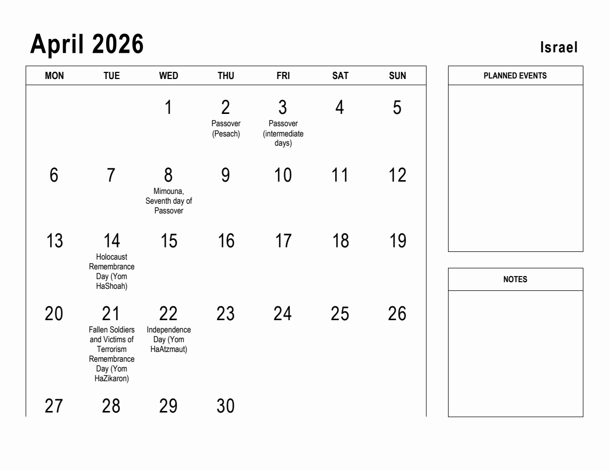April 2026 Planner with Israel Holidays (Monday Start)