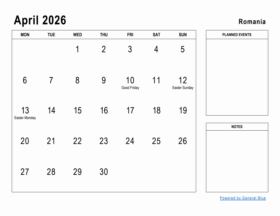 April 2026 Planner with Romania Holidays (Monday Start)