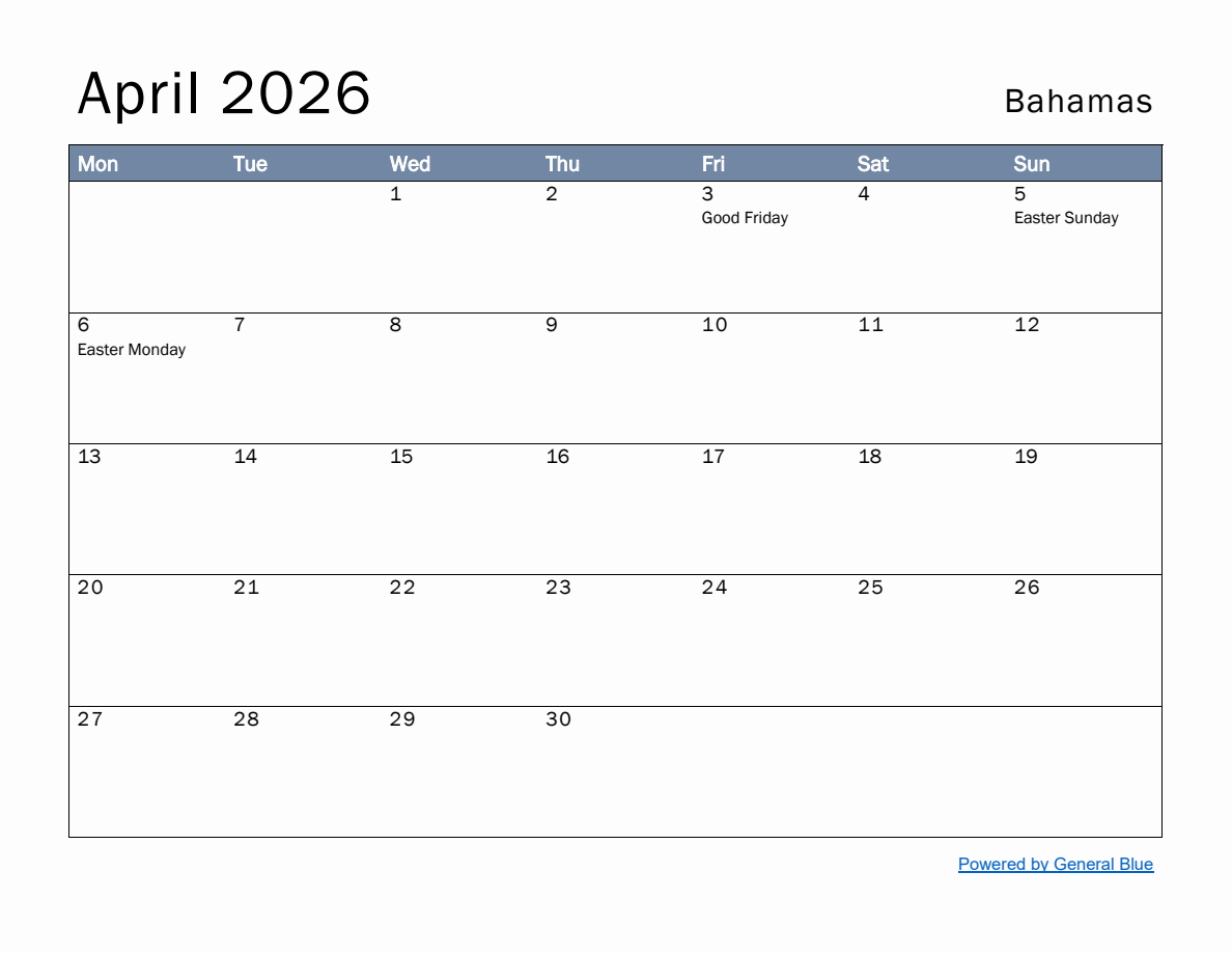 Free Monthly Calendar Template for April 2026 with Bahamas Holidays ...