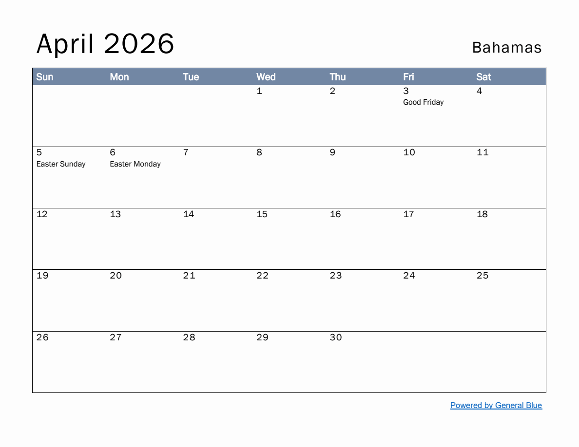 Free Monthly Calendar Template for April 2026 with Bahamas Holidays