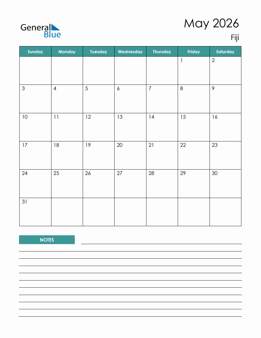 Monthly Planner with Fiji Holidays - May 2026