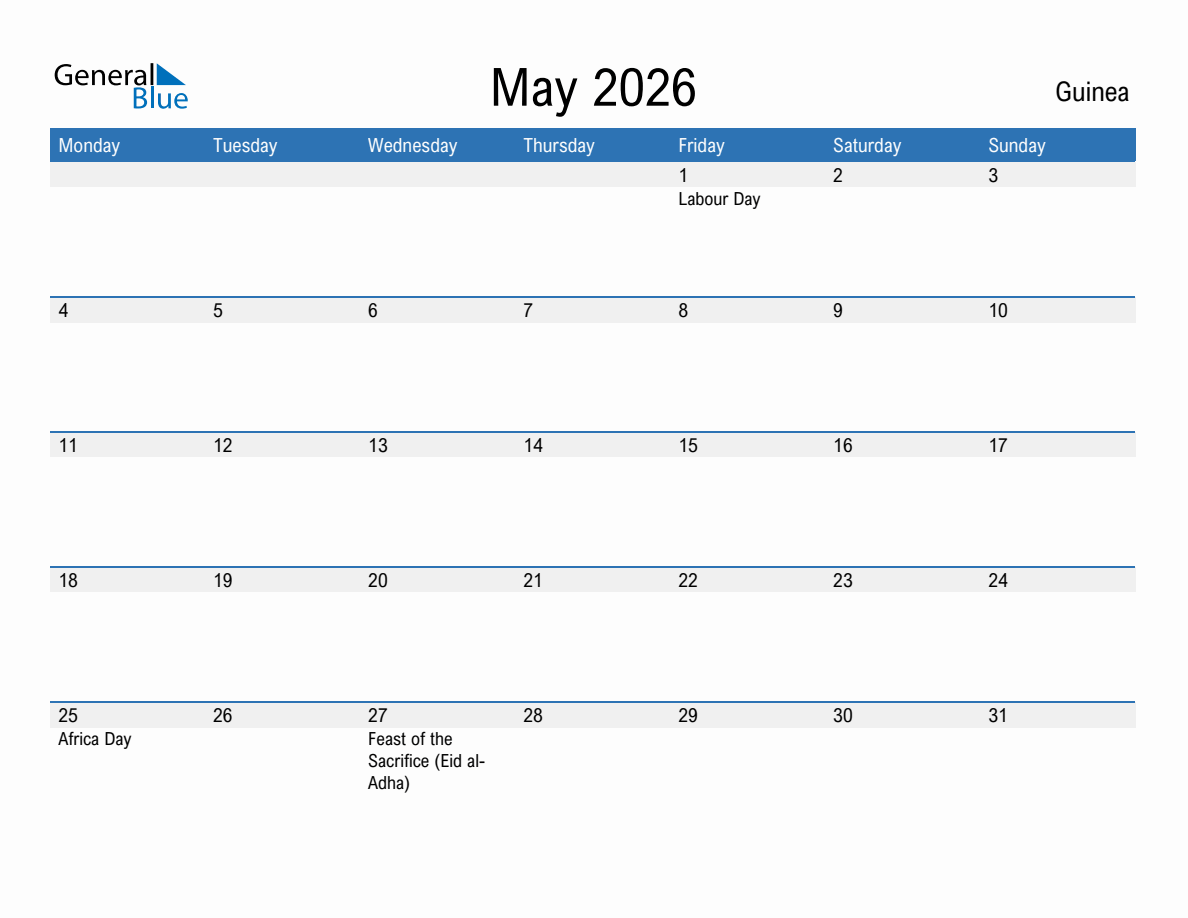 Editable May 2026 Calendar with Guinea Holidays (Monday Start)