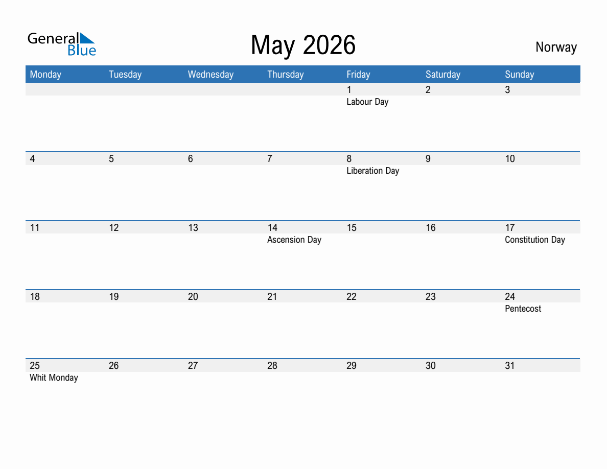 Editable May 2026 Calendar with Norway Holidays