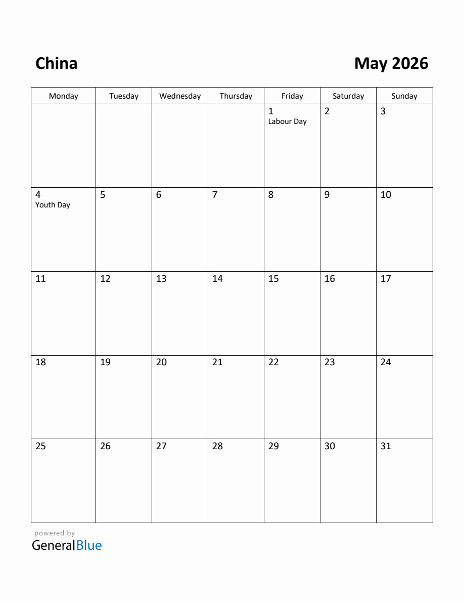 Free Printable May 2026 Calendar for China (Monday Start)